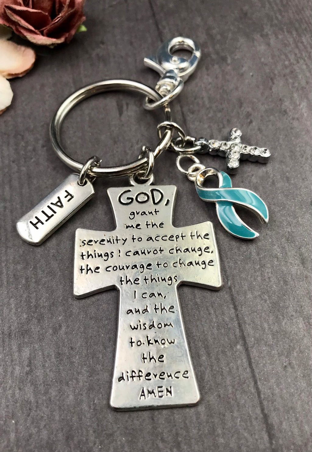 Light Blue Ribbon Serenity Prayer Keychain - God Grant Me / Encouragem ...